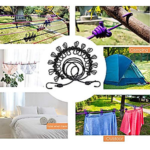 YOROYAL Travel Elastic Clothesline with 6pcs Portable Adjustable Clothes Hanger, 1 Pack Drawstring Organizer Backpack, Perfect for Camping, Hotel and Other Outdoor / Indoor Use (Black)