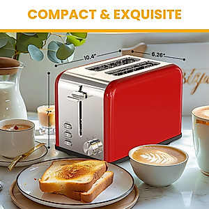 Simple Deluxe 2-Slice Toaster, Stainless Steel Toaster, 6 Browning Setting and 3 Function, Extra Wide Slot & Removable Crumb Tray, for Bread & Waffle, Red