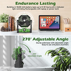 Camping Fan Rechargeable, 10400mAh Portable Battery Operated Camping Fan for Tents, Hangable USB Silent Camping Fans with LED Lantern, Suitable for Fishing, Camping, Bedroom, Workplace (Green)