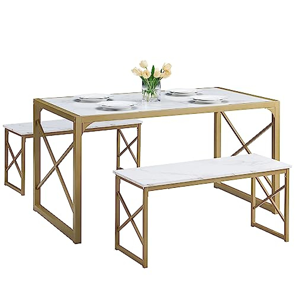 VECELO Kitchen Table with 2 Benches for 6,Wood Dining Room Dinette Sets with Metal Frame for Breakfast Nook and Small Space, 55", White&Gold