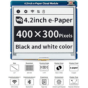 Bicool Waveshare 4.2inch E-Paper Cloud Module 400×300 Pixels e-Ink Display, Bluetooth 4.2 Connectivity Paper-Like Effect,Long Battery Life Support Quick Charge, 4.2inch WiFi e-Paper Display
