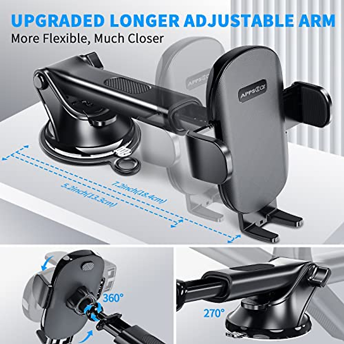 APPS2Car Phone Mount for Car, 3-in-1 Suction Cup Phone Holder for Car Dashboard Windshield Vent Universal Cell Phone Holder for Car, Compatible with iPhone, Samsung, All Cellphone, Thick Case Friendly