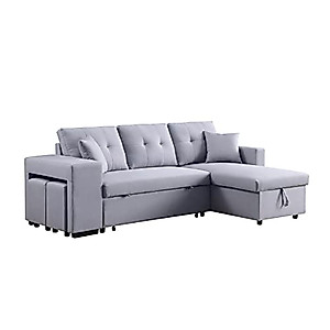 BIADNBZ Convertible Sleeper Sectional Sofa with Reversible Storage Chaise, Modern Linen Fabric L-Shaped Pull Out Couch w/2 Stools,for Living Room Apartment, Light Gray