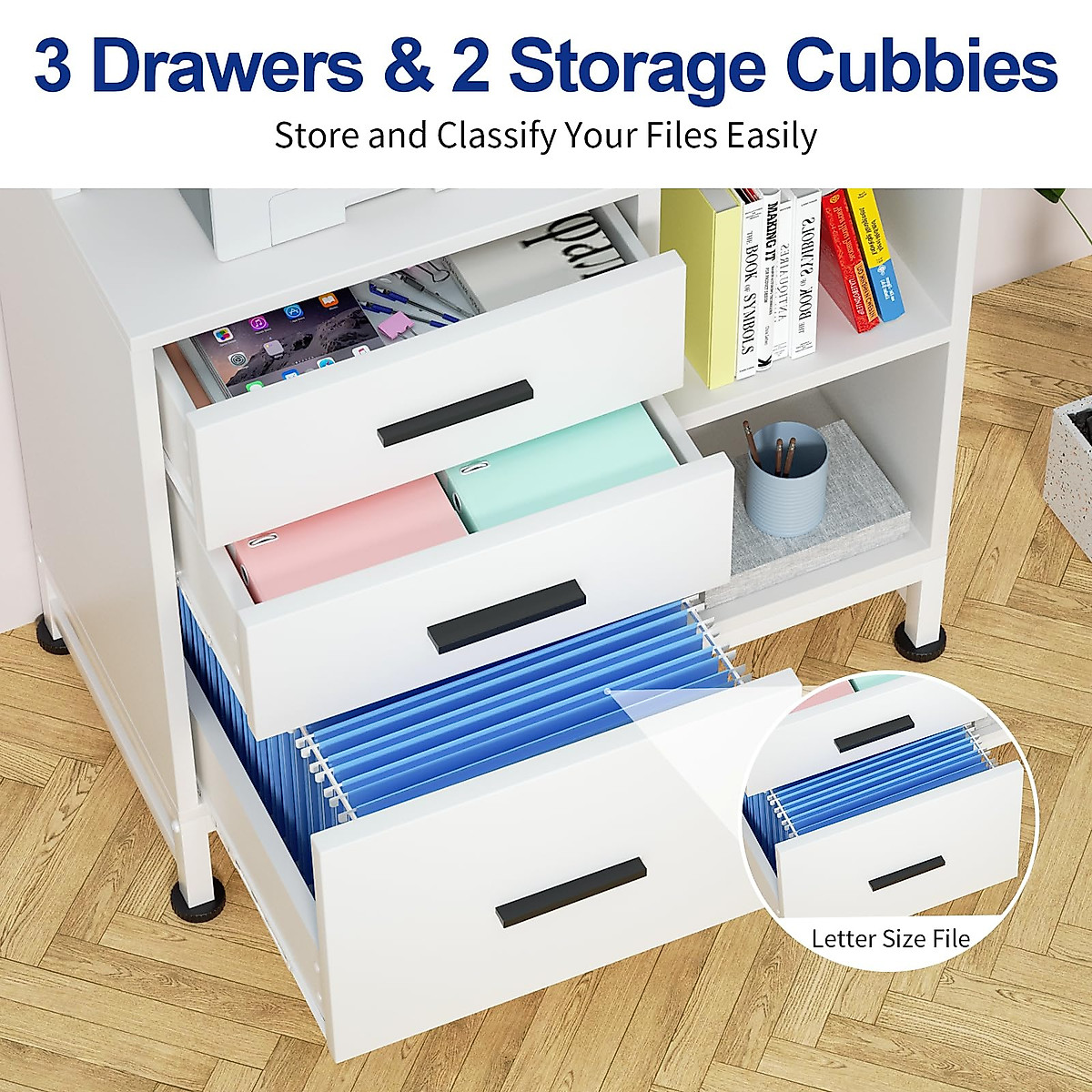 Pipleo 3-Drawer File Cabinet, Vertical Filing Cabinets for Home Office Organization, Stylish Office Shelves and Bookshelf with Drawers - A4 and Letter Size Compatible (White)