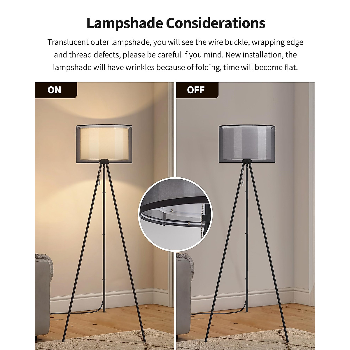 KDG Modern Floor Lamp for Living Room, Tall Tripod Floor Lamp Corner Lighting, Fabric Lampshade LED Bulb Bright Pole Light, High Light for Bedroom, Reading, Office, Study Room, Warm Light(Black)