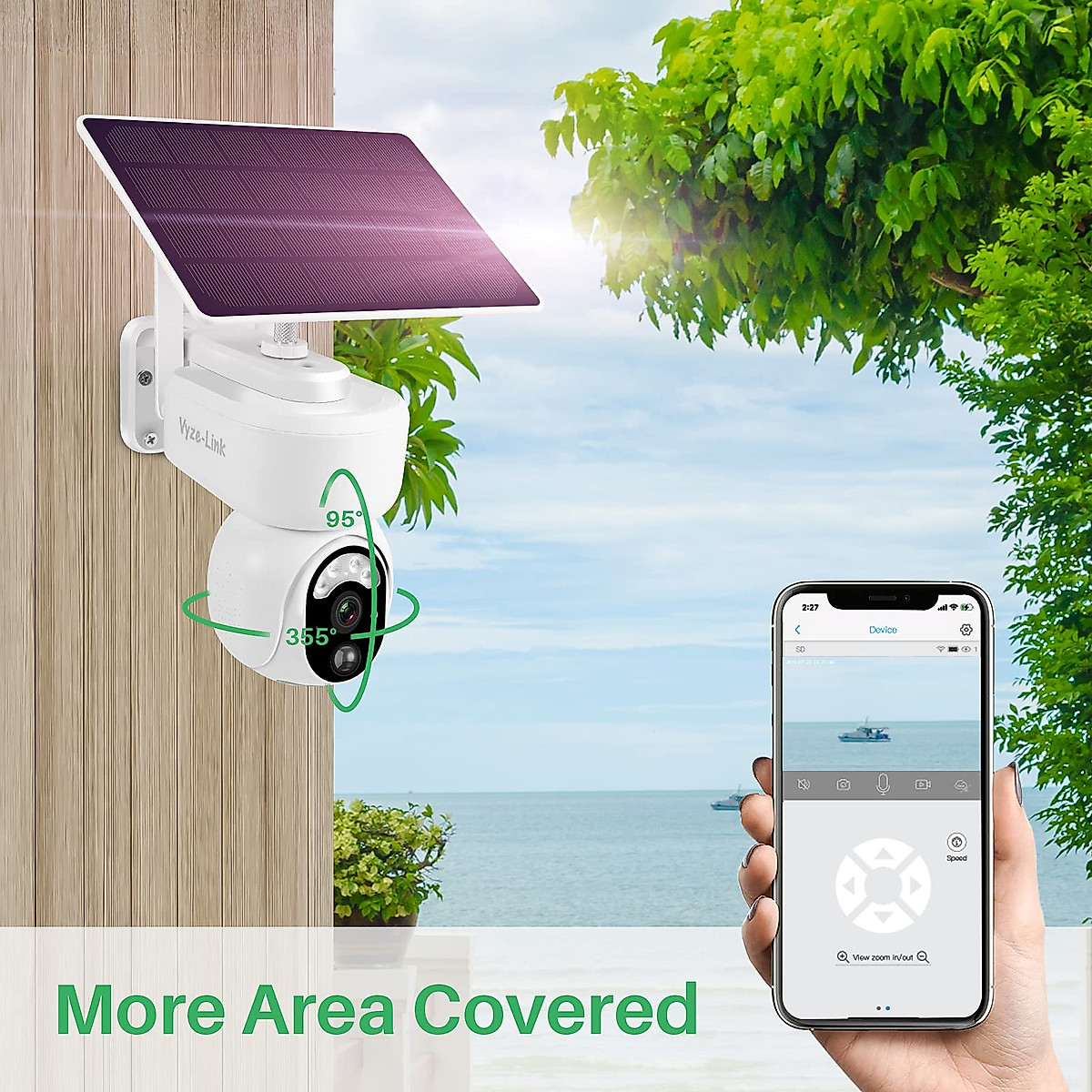 Vyze-Link Solar Security Camera Outdoor WiFi Wireless, Built-in Battery Powered, No Wire Needed, w/ 4 Spotlights, PIR Motion Detection, 2MP HD Video