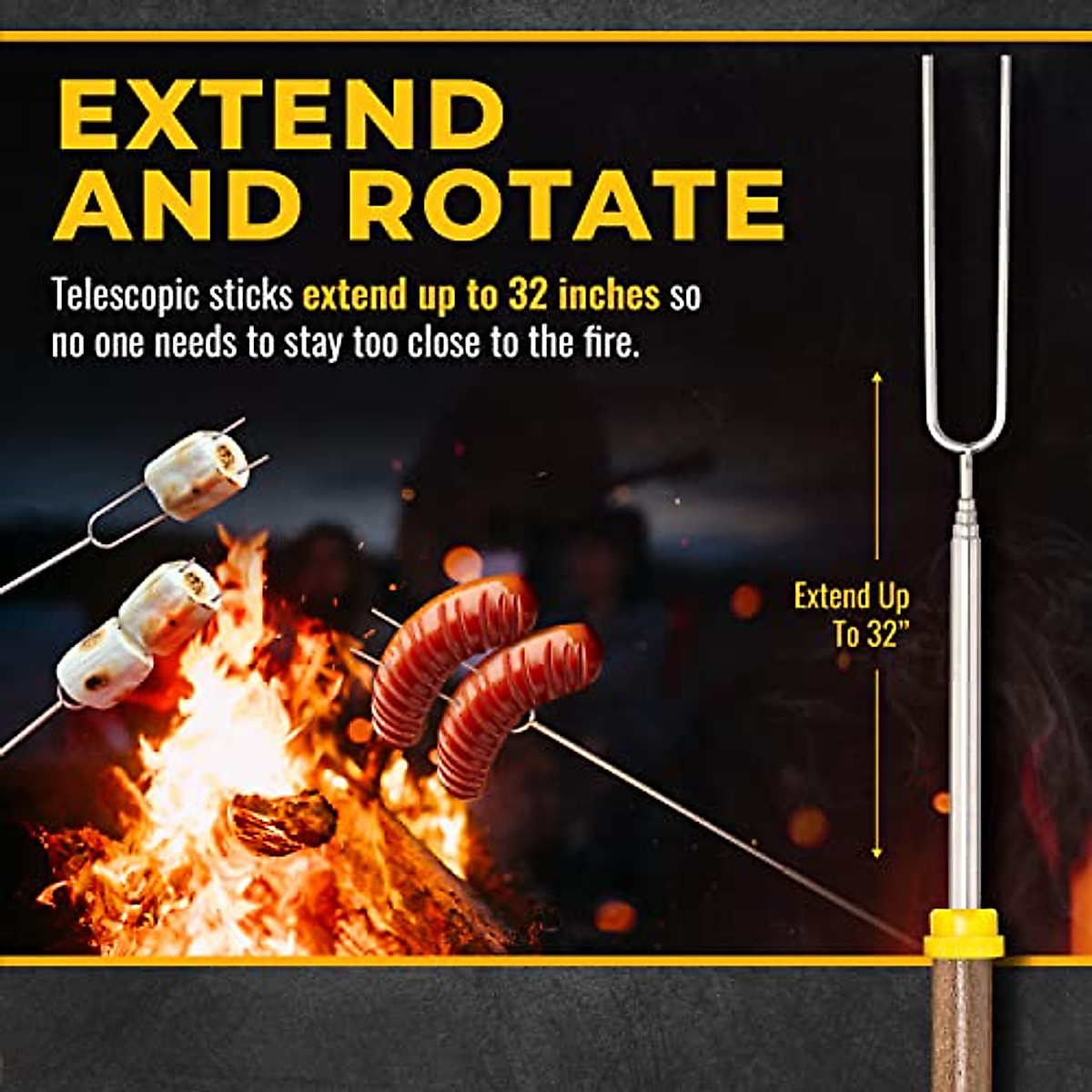 CORQUE Marshmallow Roasting Sticks, Smores Sticks, Extendable, Camping Skewer for Fire Pit, Wooden Handle, 32inch Metal for BBQ Hotdog, Cooking, Campfires, Bonfires, Set of 5