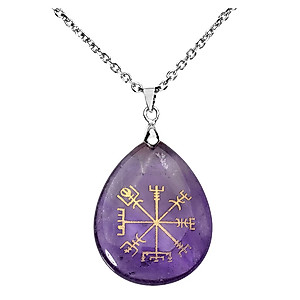 Jovivi Silver Plated Viking Compass Vegvisir Amethyst Crystal Necklace Teardrop Healing Stone Gemstone Chakra Pendant with 24" Necklace