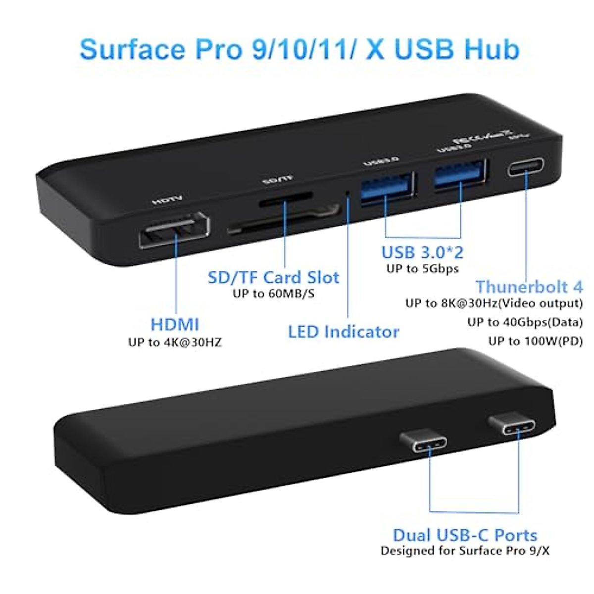 Surface Pro 9/10/11/X Accessories, Surface Pro 9 Docking Station with 4K HDMI, USB-C Thunerbolt 4 (Display+Data+PD Charging), 2 USB 3.0, SD/TF Card Reader for Surface Pro 9/Pro10/Pro11/ProX