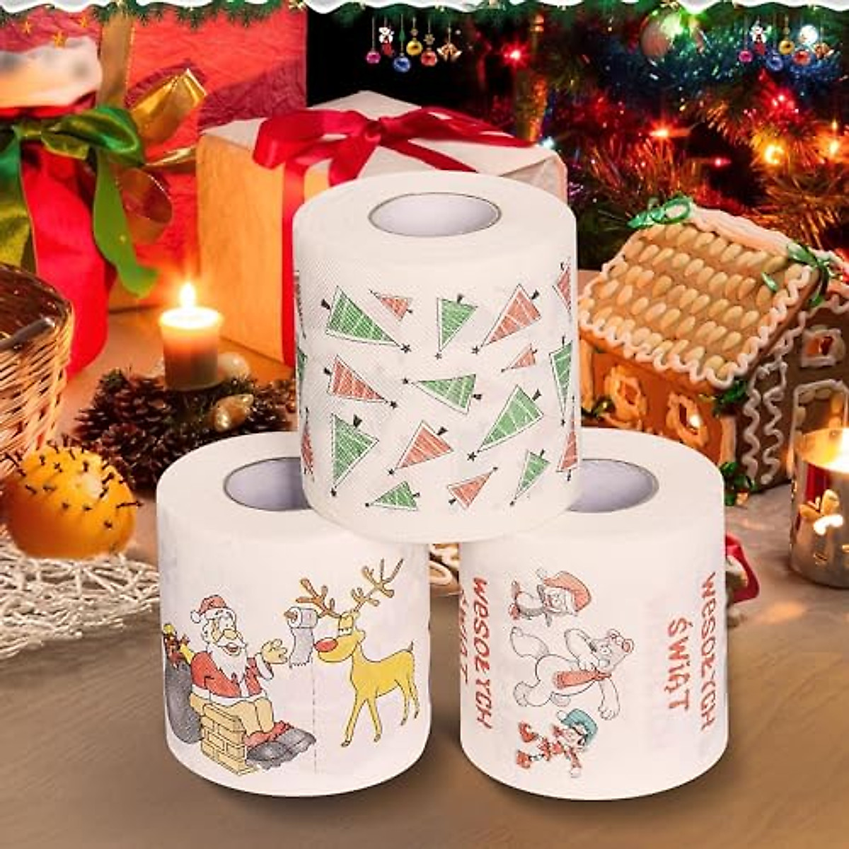 2 Rolls Merry Christmas Toilet Paper Christmas Pattern Series Printed Disposable Toilet Paper Napkins Tissue Christmas Bath Toilet Paper for Xmas Fun Party Novelty Gag Gifts Bathroom Decor (2)