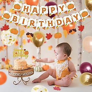 Pumpkin Birthday Decorations Supplies Fall Themed Happy Birthday Banner Fall Leaves Garland Pumpkin Cake Topper and Balloons for Autumn Fall Thanksgiving Birthday Party Favors Photo Props Backdrop