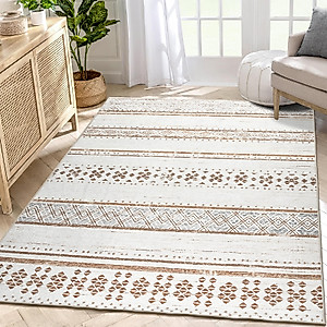 BESTSWEETIE 8x10 Area Rug for Living Room Washable Rug Moroccan Farmhouse Neutral Geometric Soft Low Pile Non-Slip Water Repellent Rug for Dining Room Bedroom Cream/Brown