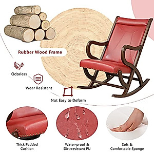 Giantex Rocking Chair with Cushion, Modern PU Leather Rocker, Rubber Wood Frame, Ergonomic Backrest Armrest, Single Rocking Chair for Nursery Living Room Bedroom Lounge Office, Red