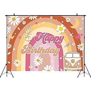 Aperturee 7x5ft Happy Birthday Backdrop Daisy Floral Groovy Photography Backdrop Girls Bday for Newborn Boho Rainbow Bus Party Decorations Cake Table Supplies Banner Photo Booth Props