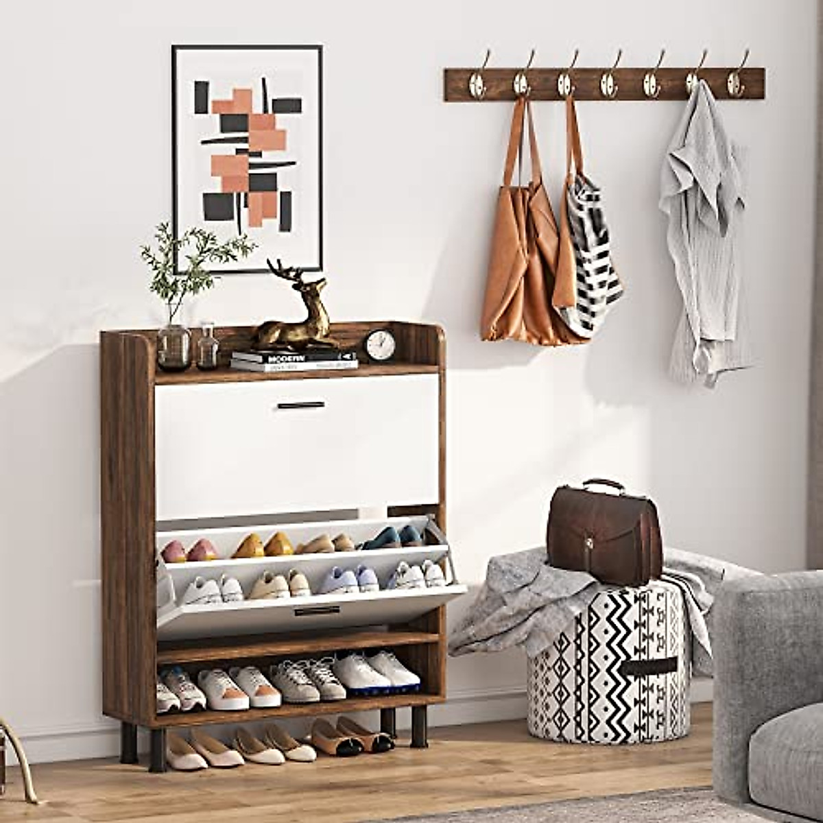 Shoe Storage Freestanding Cabinet with 2 Drawers and Open Shelves for Entryway 2-Tier Brown Wood Oak Finish Adjustable Shelving