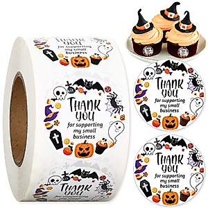Whaline 600Pcs Halloween Stickers Roll Halloween Thank You for Business Stickers Skull Ghost Pumpkin Pattern Round Stickers for Halloween Envelopes Sealing Goodie Treat Bags Party Gift Favors Decor