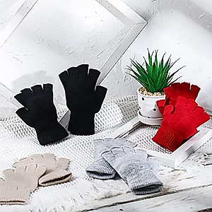 SATINIOR 4 Pairs Winter Half Finger Gloves Knitted Fingerless Mittens Warm Stretchy Gloves for Men and Women (Black, Red, Khaki, Light Gray)