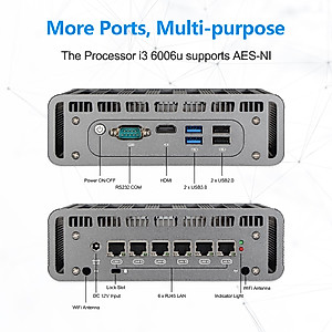 VNOPN Micro Firewall Appliance 6 LAN Intel Core i3 6006U 8GB DDR4 128GB SSD, 6 Intel i211 NIC Gigabit Ports Industrial Fanless Mini PC, Network Soft Router Mini Computer, Support AES NI/WiFi