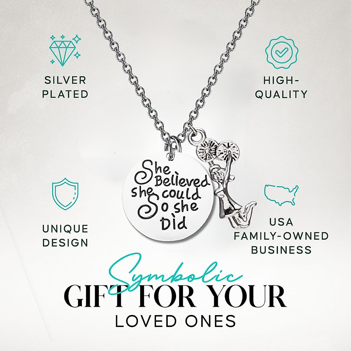 Sportybella Cheer Necklace for Girls - Cheer She Believed She Could So She Did Cheerleading Jewelry, Gift For Cheerleaders, Cheer Necklaces for Cheerleader