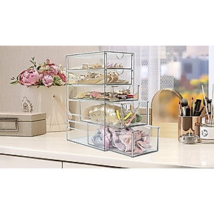 Plastic Drawer Storage with 5 Different Sizes Drawers, Clear Light Gray Hair Accessories Organizer, Transparent Bathroom Organizer, Clear Organizer Drawers, Dresser Organizer