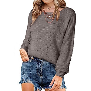 Dokotoo Womens Long Sleeve Tops Winter Fall Fashion 2024 Crewneck Drop Shoulder Ribbed Knit Textured Sweaters Solid Pullovers Jumper Gray Medium