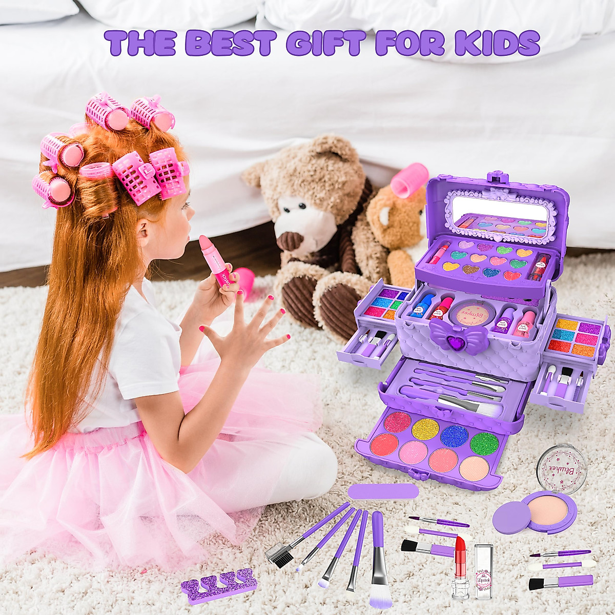 54 Pcs Kids Makeup Kit for Girls, Princess Real Washable Pretend Play Cosmetic Set Toys with Mirror, Non-Toxic & Safe, Birthday Gifts for 3 4 5 6 7 8 9 10 Years Old Girls Kids (Purple)