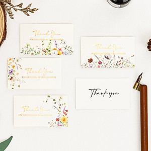 Crisky 150 PCS Thank You Cards for Small Business 4 Assorted Watercolor Wild Flower Thank You for Supporting My Small Business Cards (Gold Foil Calligraphy)