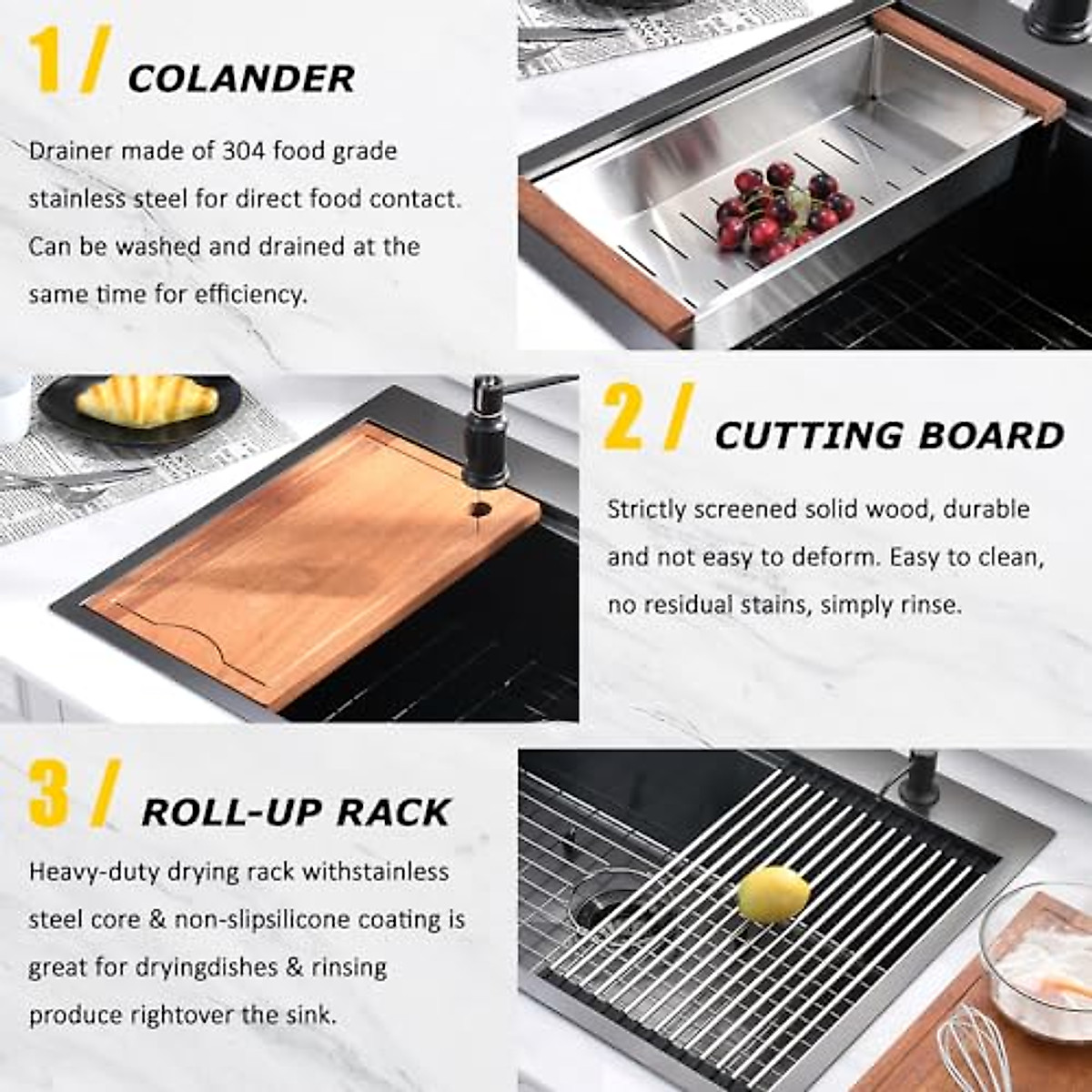 SOMRXO 33 Inch Drop In Kitchen Sink Black Stainless Steel Workstation 33x22 Kitchen Sink Drop In Workstation Sink Topmount 16 Gauge Gunmetal Black Stainless Steel Sink 10"Deep Single Bowl Kitchen Sink