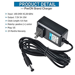 PwrON (6.6FT Cable) 7.5V 2A AC DC Adapter Compatible with for 400mA 500mA 800mA 1000mA DC Adapter Power Supply 5.5mm*2.1mm/2.5mm with Positive Center