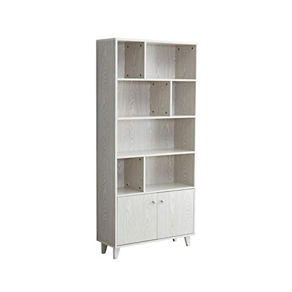 Mixcept Modern Bookcase with 2 Doors 68" Tall Storage Cabinet Wooden Bookshelf with 7 Compartments for Home Office, White Wash