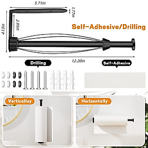 Paper Towel Holder Under Cabinet, Self-Adhesive Paper Towel Holder with 2 Hooks,Single Hand Operable Wall Mount Paper Roll Holder with Damping Effect for Kichen Bathroom