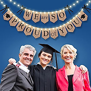 2023 Graduation Banner, We are So Proud of You Burlap Banner with 8 Modes LED String Lights, Lighting Wall Hanging Garland Bunting Flags Sign for Grad Party