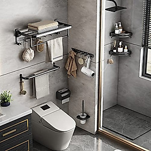 MUSTORN Towel Rack Wall Mount for Bathroom with Towel Bar and Hooks 23.6 in Foldable Towel Shelf Lavatory Towel Organizer Matte Black