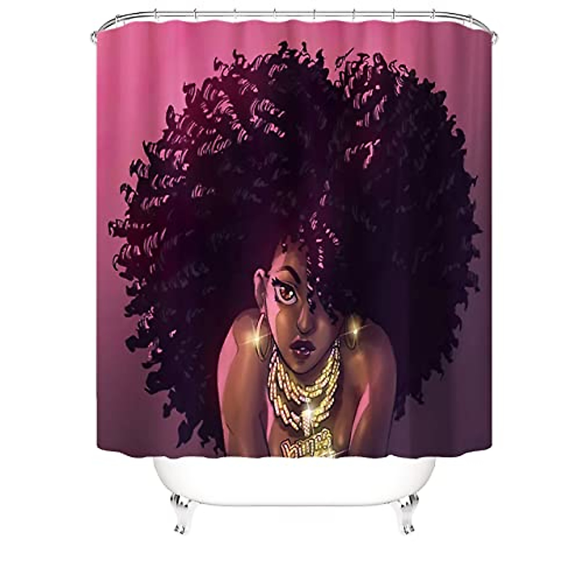 4 Pcs African American Bathroom Shower Curtain Sets with Rugs Lovely Black Girl with Shiny Necklace Shower Curtains with Toilet Lid Cover and Bath Mat Afro Black Girl Bathroom Sets with 12 Hooks