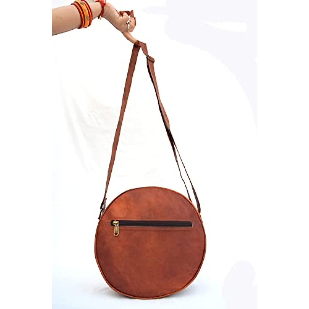 Handmade Vintage Leather Crossbody Bag Women/Teen Girls Satchel Handbag Round Messenger Sling Bags, 10 Inch Small, Brown