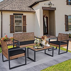 VOTSMOKK 4 Pieces Patio Furniture Set, Outdoor Garden Patio Conversation Sets with Coffee Table, for Backyard, Lawn, Balcony, Outside Patio Table and Chairs Set with Soft Cushions, Black and Brown