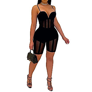 Uni Clau Women Sexy Halter Camisole Mesh Patchwork Jumpsuit See Through Bodycon Short Pants Party Club Romper Black 2XL
