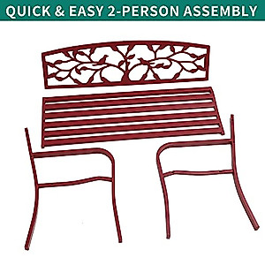 YITAHOME Outdoor Bench 50" Metal Bench Bird Pattern Patio Bench with Backrest and Armrest for Porch Lawn Balcony Backyard and Indoor Red