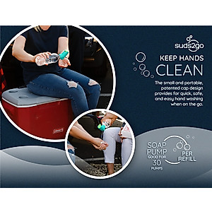 Suds2Go Refillable Caps, 2 Pack - Universal Fit Turns Most Disposable Water Bottles Into A Hand Washing Station - Includes Refillable Soap Reservoir - Conveniently Sized to Take on The Go - Teal