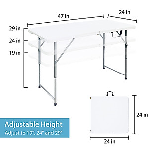 JingPieCle 4 Foot Folding Table Adjustable Height, Foldable Heavy Duty Plastic Table, Small Portable Card Table with Carry Handle, Fold up Lightweight Table for Dining Party, Mesa Plegable para
