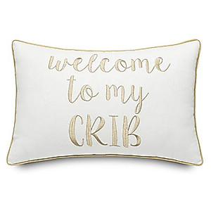 Rudransha Welcome to My Crib Embroidered Lumbar Accent Throw Pillow Cover - Nursery Decor - 12x18, Ivory-Beige