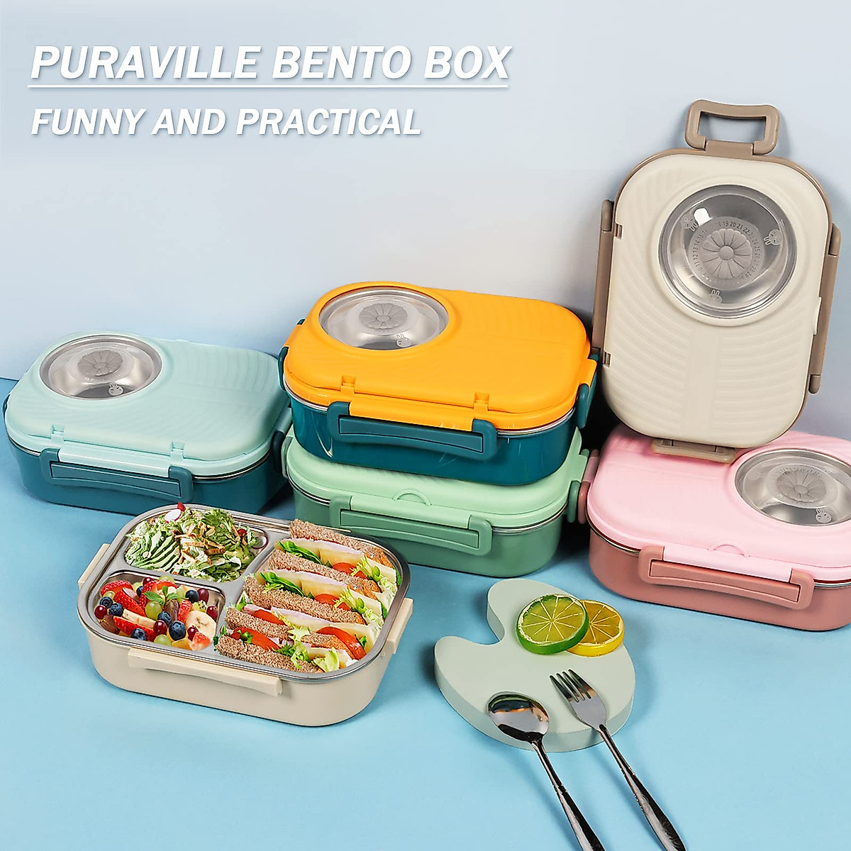 Puraville Stainless Steel Bento Lunch Box for Kids and Adults, Stackable BPA-Free Food Containers with 3 Compartments and Reusable Sauce Bowl, Fork and Spoon, (1000ml/34oz, Cream)