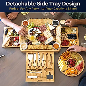 VAREZZA Bamboo Cheese Board and Knife Set Extra Large Charcuterie Board Set - Serving Board, Side Cheese Tray, Round Bamboo Fruit Cheese Platter, 23 Entertaining Accessories for House Warming Gift