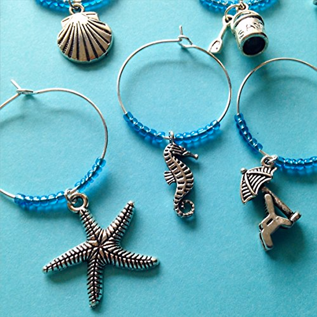 Caribbean Beach Themed Wine Charms, Gift for Island Beach Getaway, beach themed, Tropical Vacation, Summer by the Sea, Set of 8. SEA GLASS BEADS.