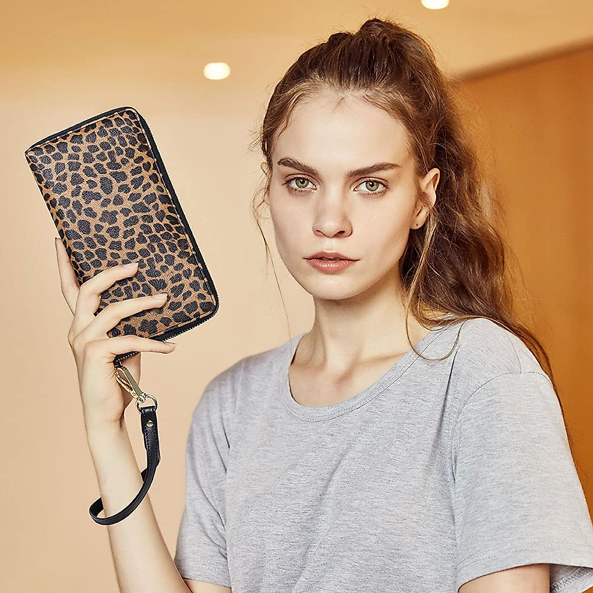 CLUCI Wallet Women Large Capacity Leather Designer Zipper Around Card Ladies Phone Clutch Wristlet Billfolds Leopard