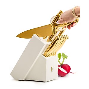 STYLED SETTINGS White and Gold Knife Set with Sharpener -14PC Self Sharpening Knife Block Set Includes Luxurious Full Tang Knives and White Knife Block - White and Gold Kitchen Decor Accessories