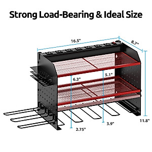 FUZVOL Power Tool Organizer Wall Mount With Power Strip 8-outlet Surge Protector, Heavy Duty Garage Storage Shelves Rack With Drill Bit Holder, Cordless Power Tool Holder With Charging Station，Red