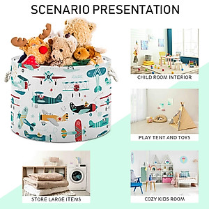 Airplanes Aircrafts Boys In Turquoise Red Orange Seamless Round Storage Basket Bin, Waterproof Laundry Hamper, Large Collapsible Bucket, Baby Nursery Organizer with Handles for Bathroom Toys Clothes
