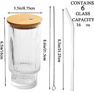 LMHEJING 6 Pcs 16oz Ribbed Glassware with Lid and Straw, Ribbed Glass Cups, Stackable Glasses, Vintage Water Glasses for Juice, Beer, Coffee, Tea and Cocktail (Clear (6Pcs 16oz)) (AB-1)