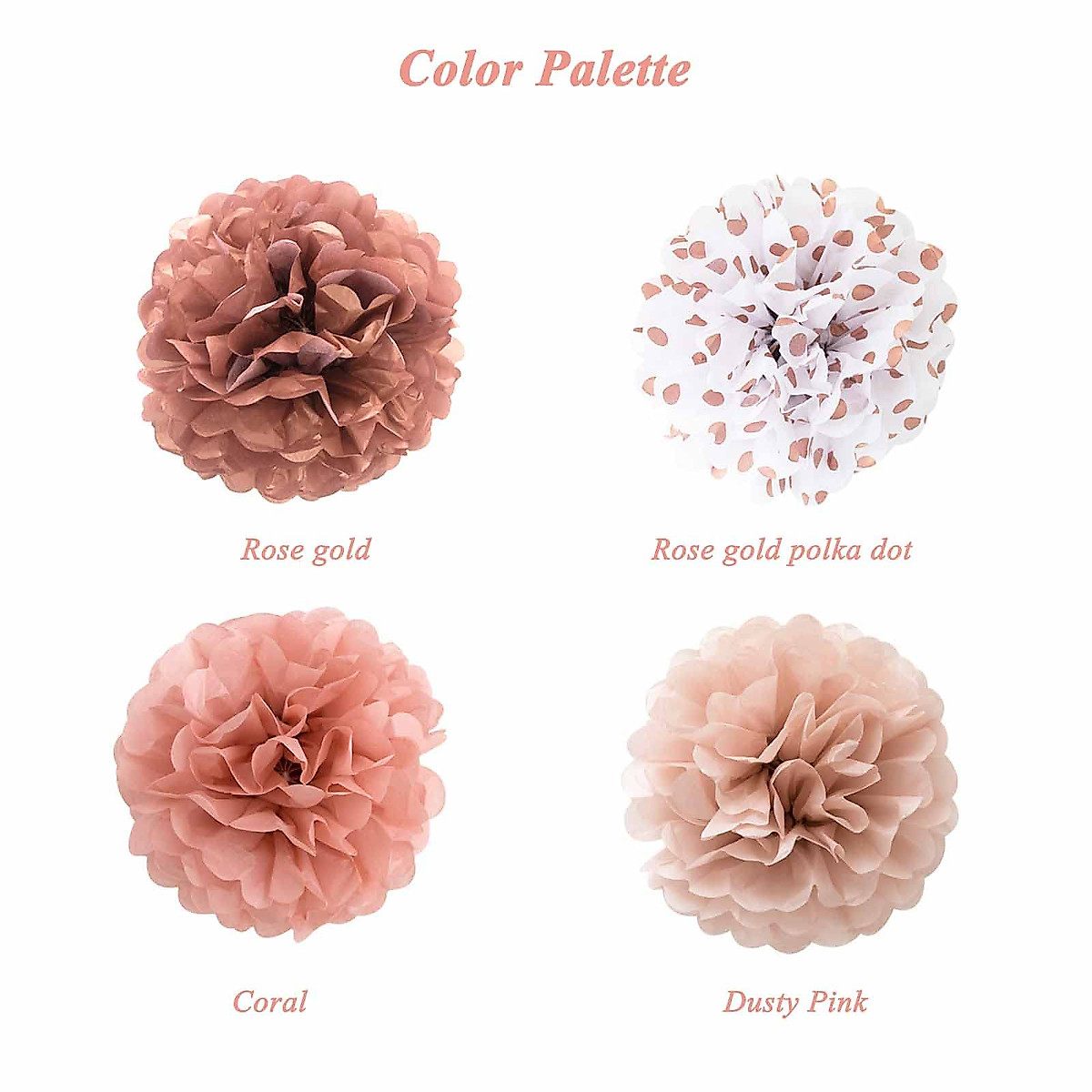 ANSOMO Rose Gold Tissue Paper Pom Poms Flowers Dusty Pink Coral Polka Dot Wall Hanging Wedding Birthday Bridal Baby Shower Party Decorations 12" 10" Pack of 12